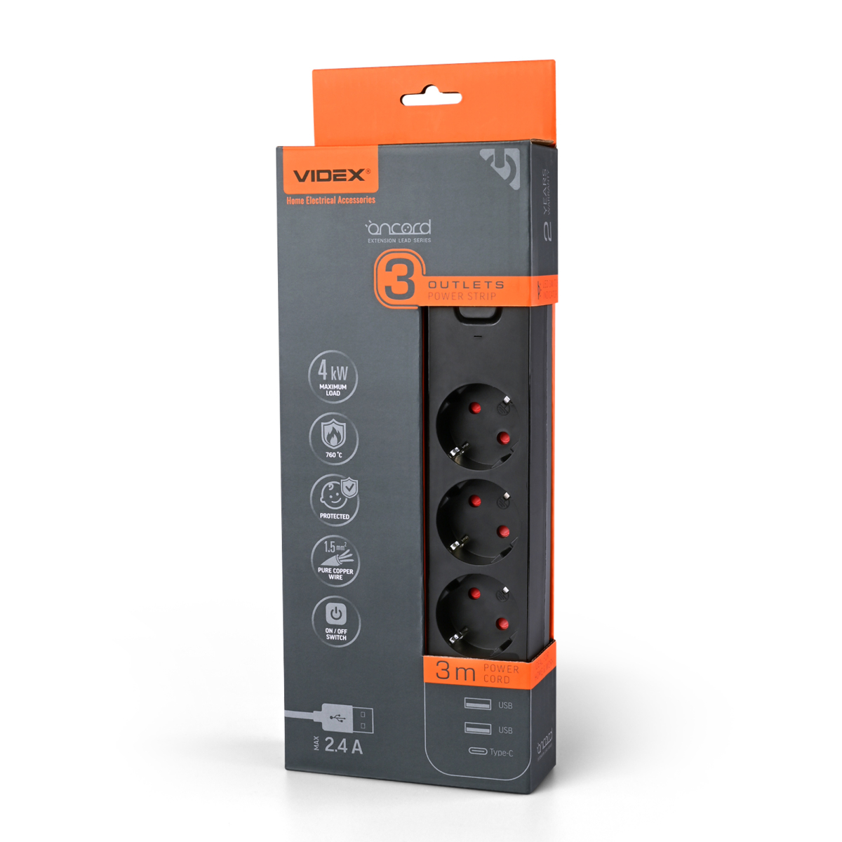 Мережевий подовжувач VIDEX ONCORD з/з 3п 3м (3x1.5мм) 2.4А 2USB+USB-C з ...
